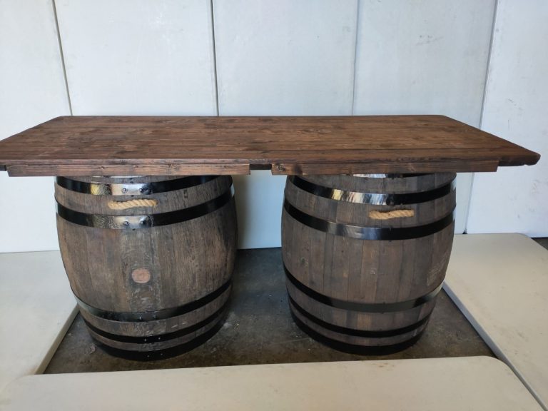 Rustic wood barrel table 6' long - BE Event Hire